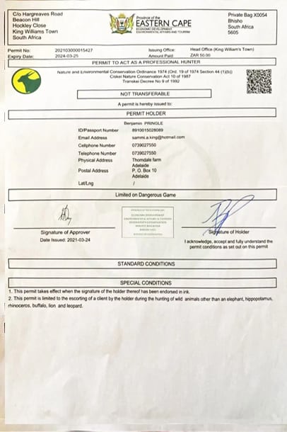 Outfitter and Guide License %s - Bowker Hunting
