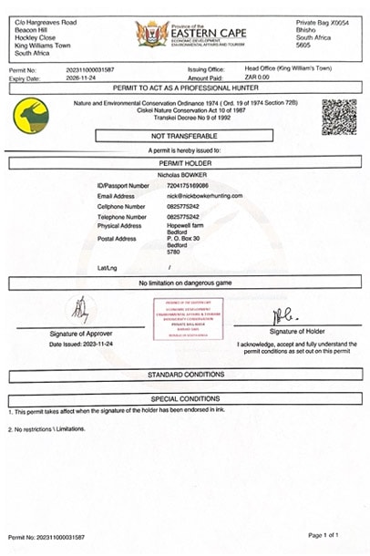 Outfitter and Guide License %s - Bowker Hunting